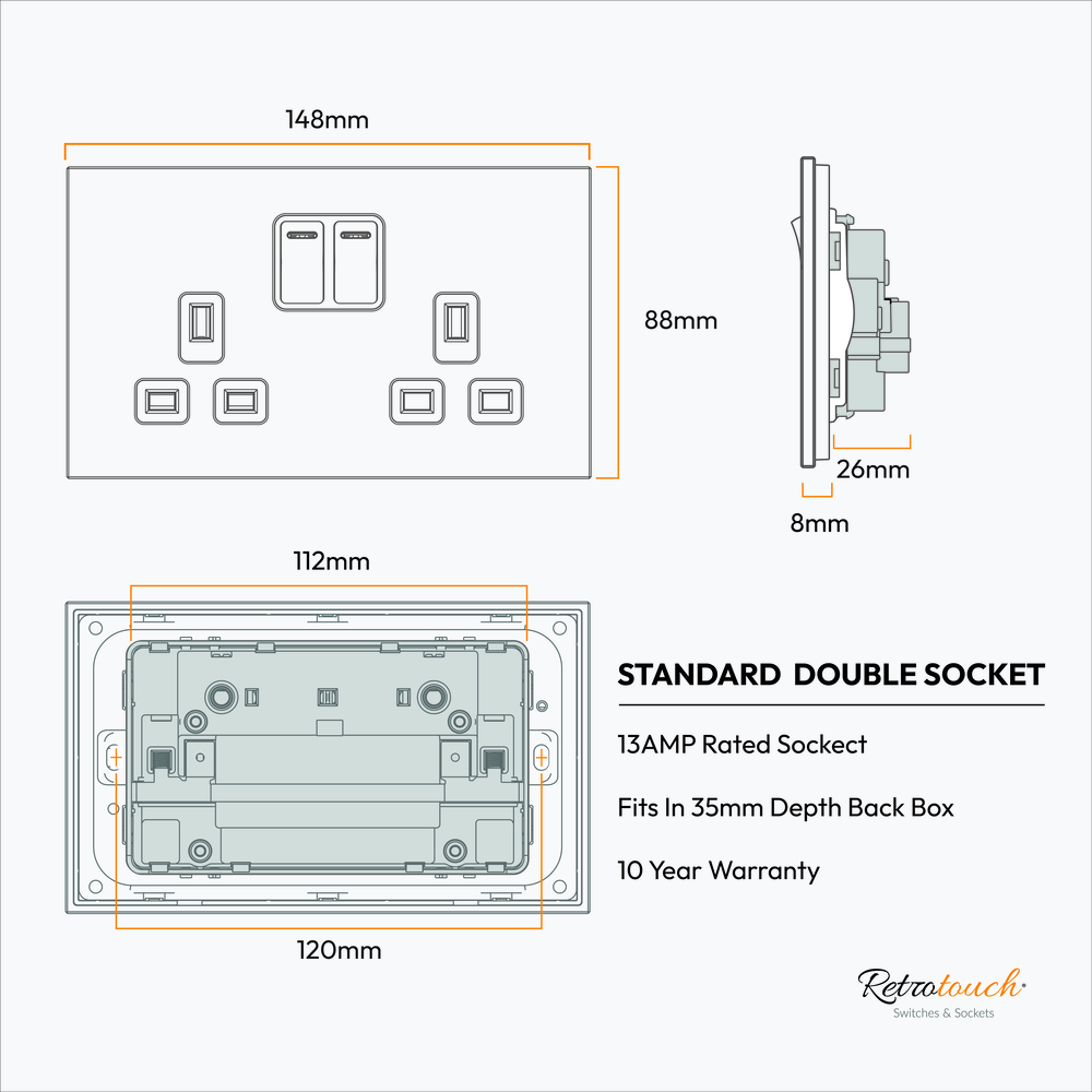 Aura Double Socket - Brushed Nickel RetroTouch Light Switches & Plug Sockets
